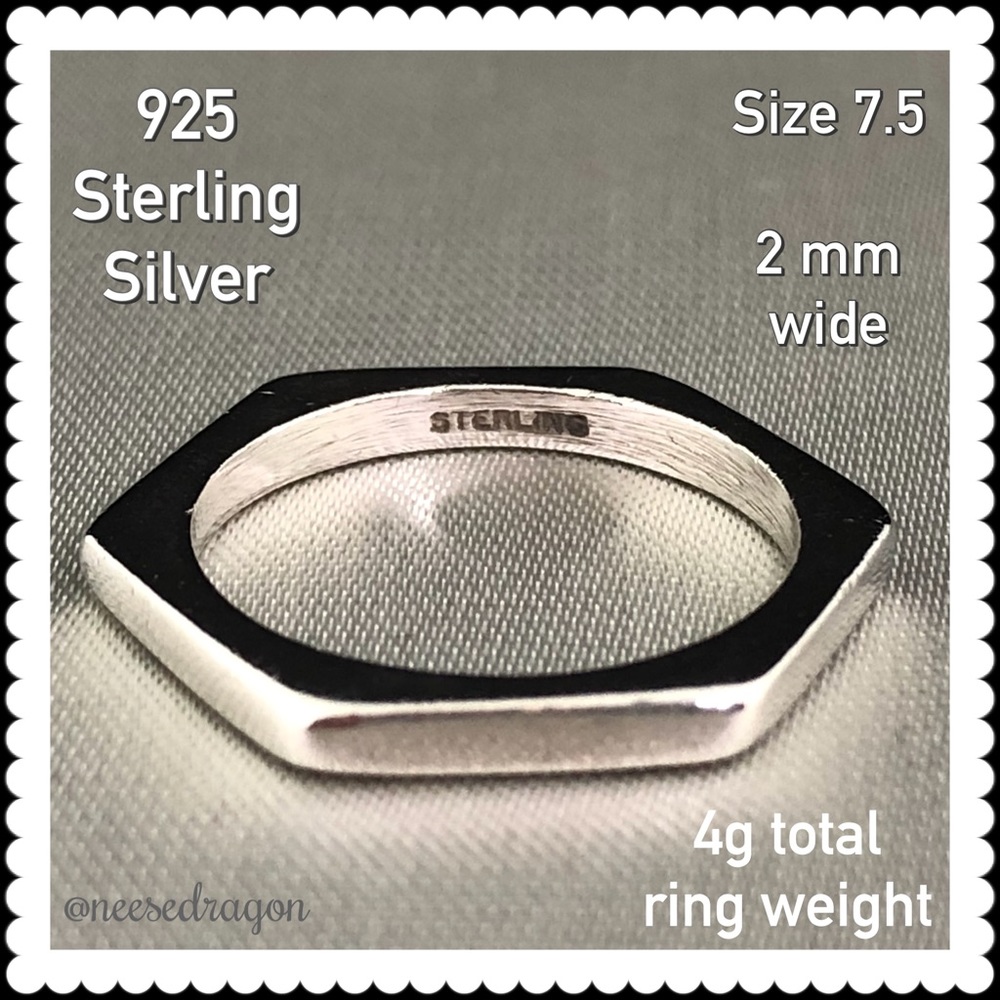 Sterling Stamped Hexagon Ring - Gem